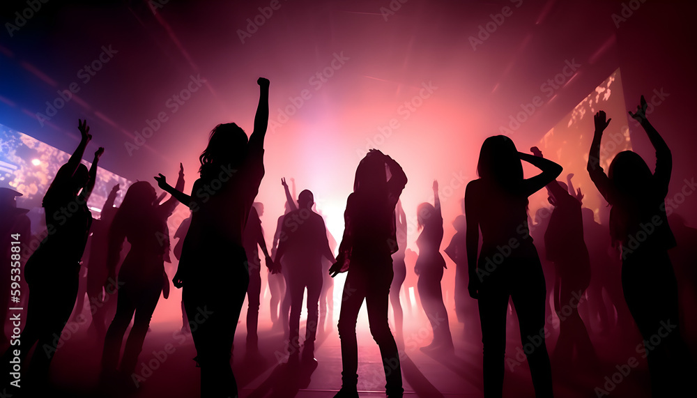 Team celebrating success at music festival, gathering party, dancing ...