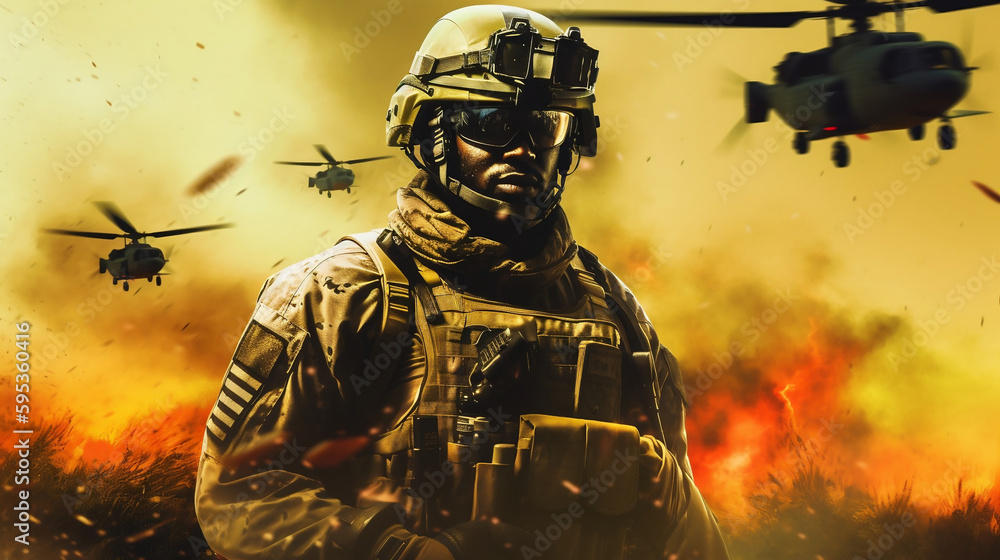 black soldier fighter comes out of the smoke on the battlefield. united ...