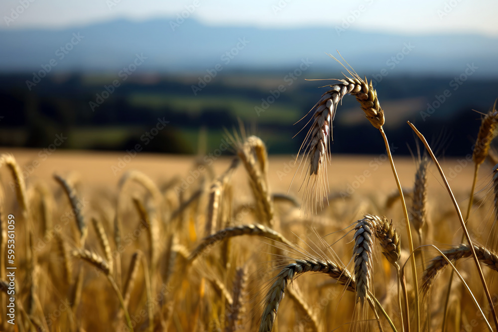 golden wheat field with a single wheat stalk in focus and a blurred ...