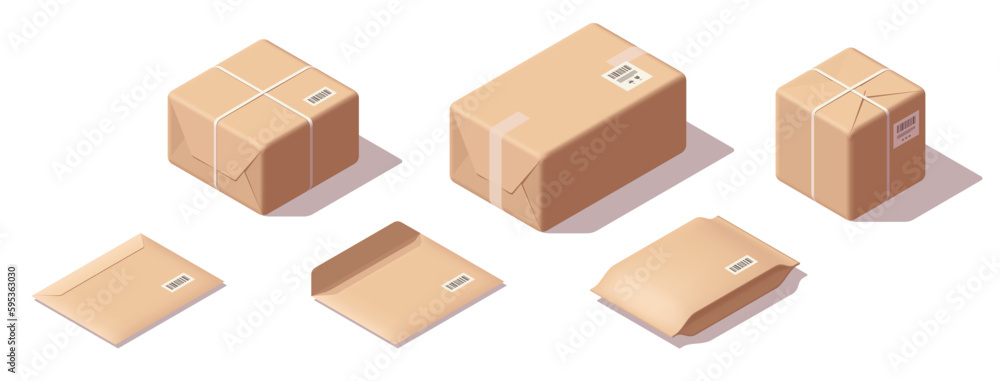 Isometric carton box set. Different types of cardboard boxes. Box for ...