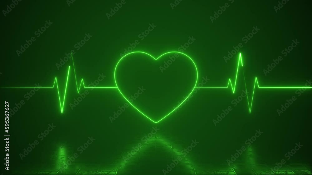Neon Heart With Heartbeat Line Life Support Loop Background. Green ...