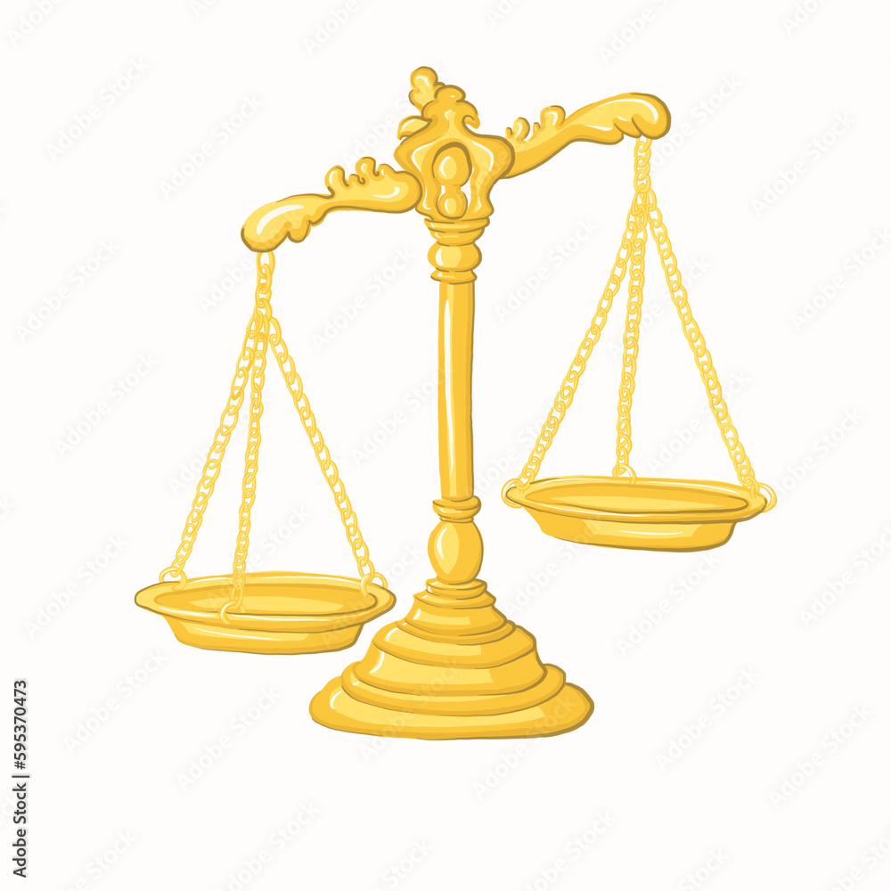 Hand drawn illustration yellow gold color scales of justice isolated on ...