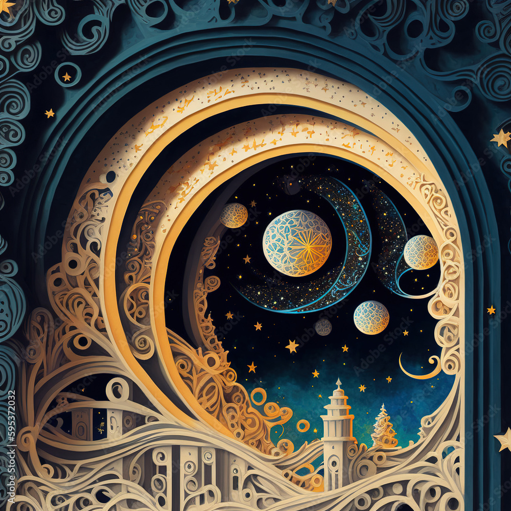 Multidimensional paper cut illustration starry night with glowing ...