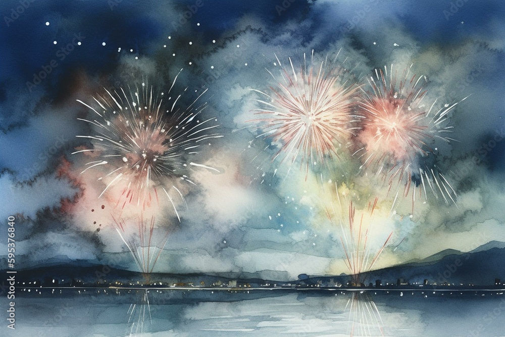 Watercolor illustration of fireworks with a frame and background ...
