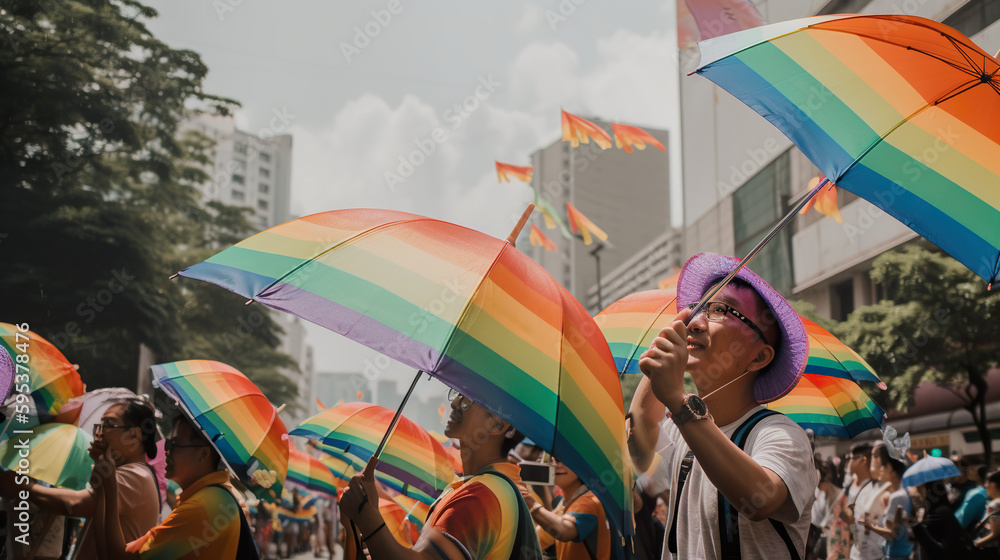 LGBT Pride Parade participants holding rainbow flags and umbrellas at ...