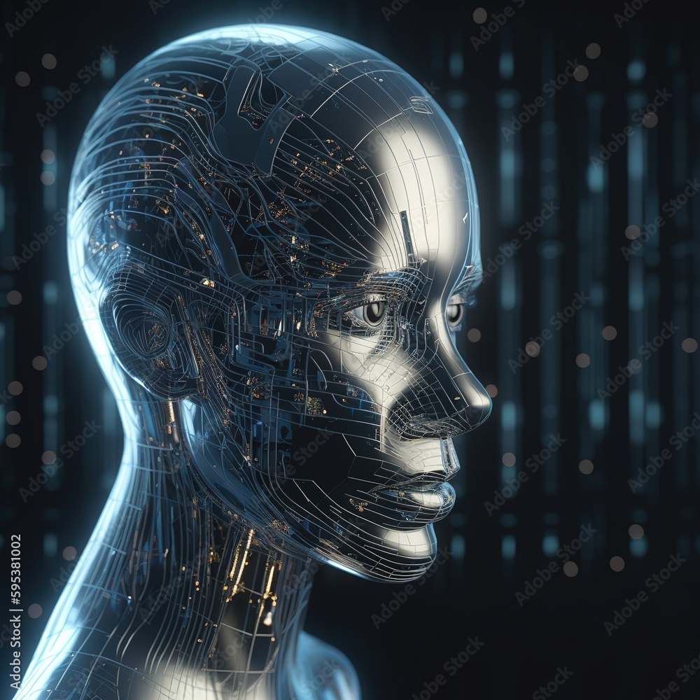 Futuristic rendering of a human face. Concept of artificial ...