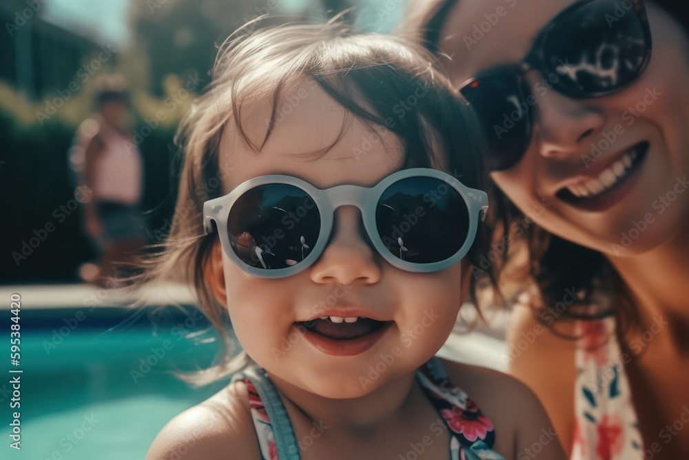 "Mother and daughter enjoy a summer afternoon in a swimming pool, both ...