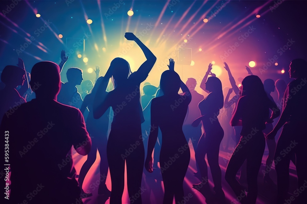 Silhouette of energetic partygoers dancing at the club at night ...