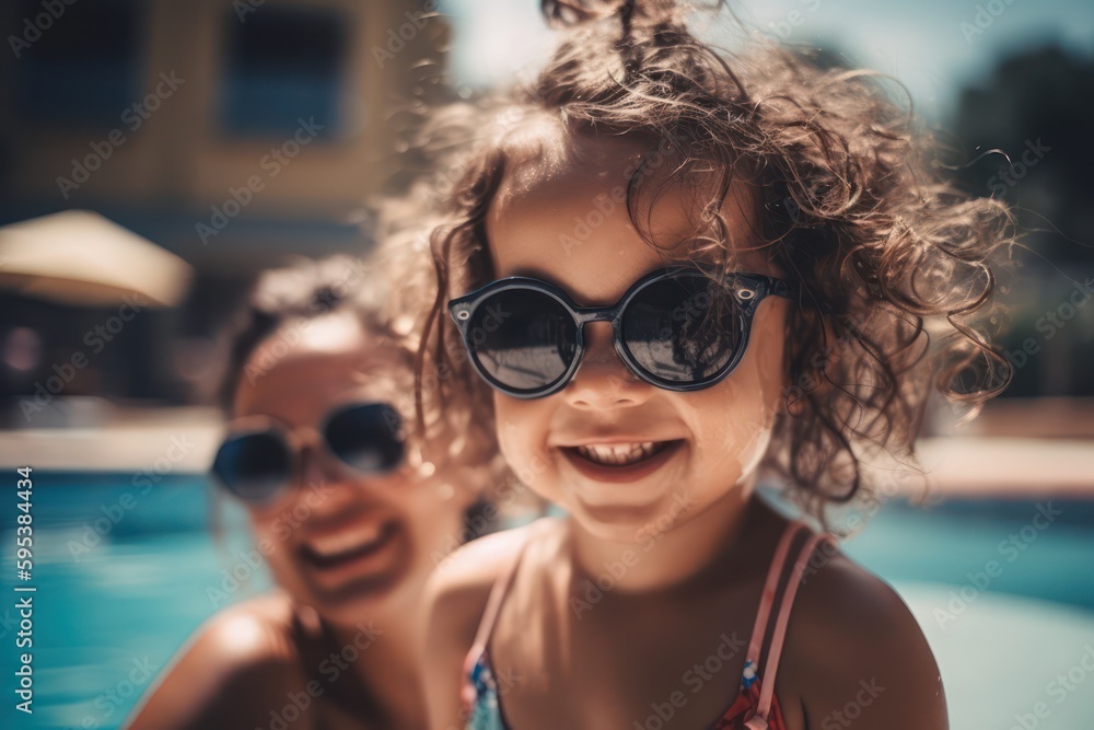 "Mother and daughter enjoy a summer afternoon in a swimming pool, both ...