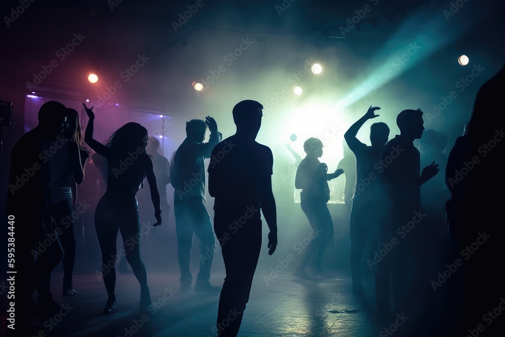 Silhouette of energetic partygoers dancing at the club at night ...
