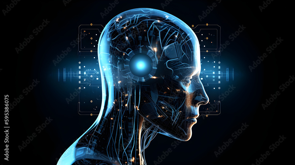 Robot human head with gears inside. Artificial intelligence. Generative ...