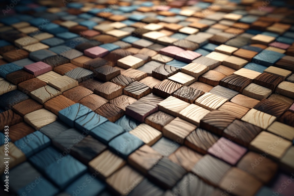 3D mosaic tiles form wood block background with soft sheen. Rendered ...