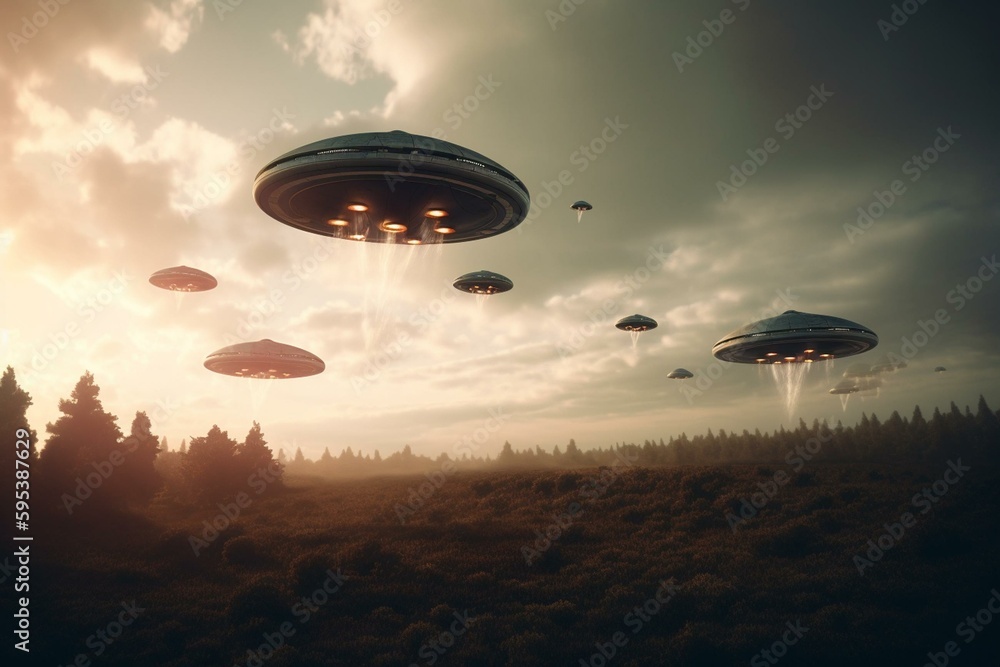 Retro illustration of UFOs in the sky, depicting an alien invasion and ...