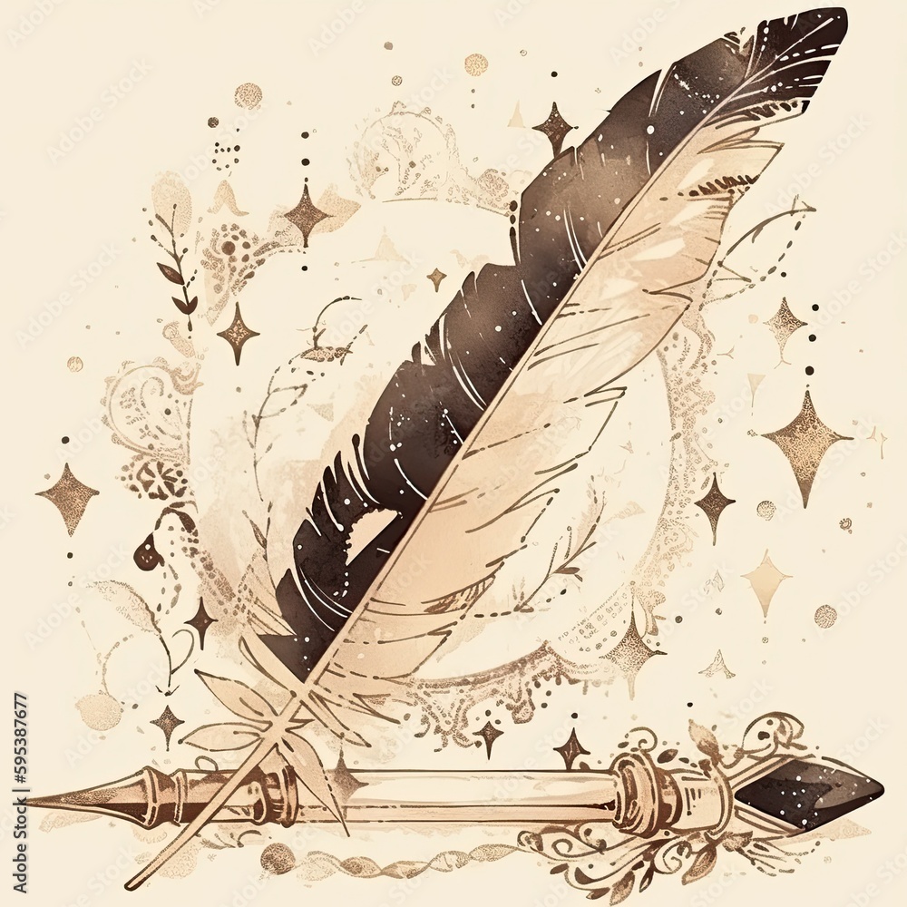 Vintage sepia ink drawing of feather quill and fountain pen. Generative ...