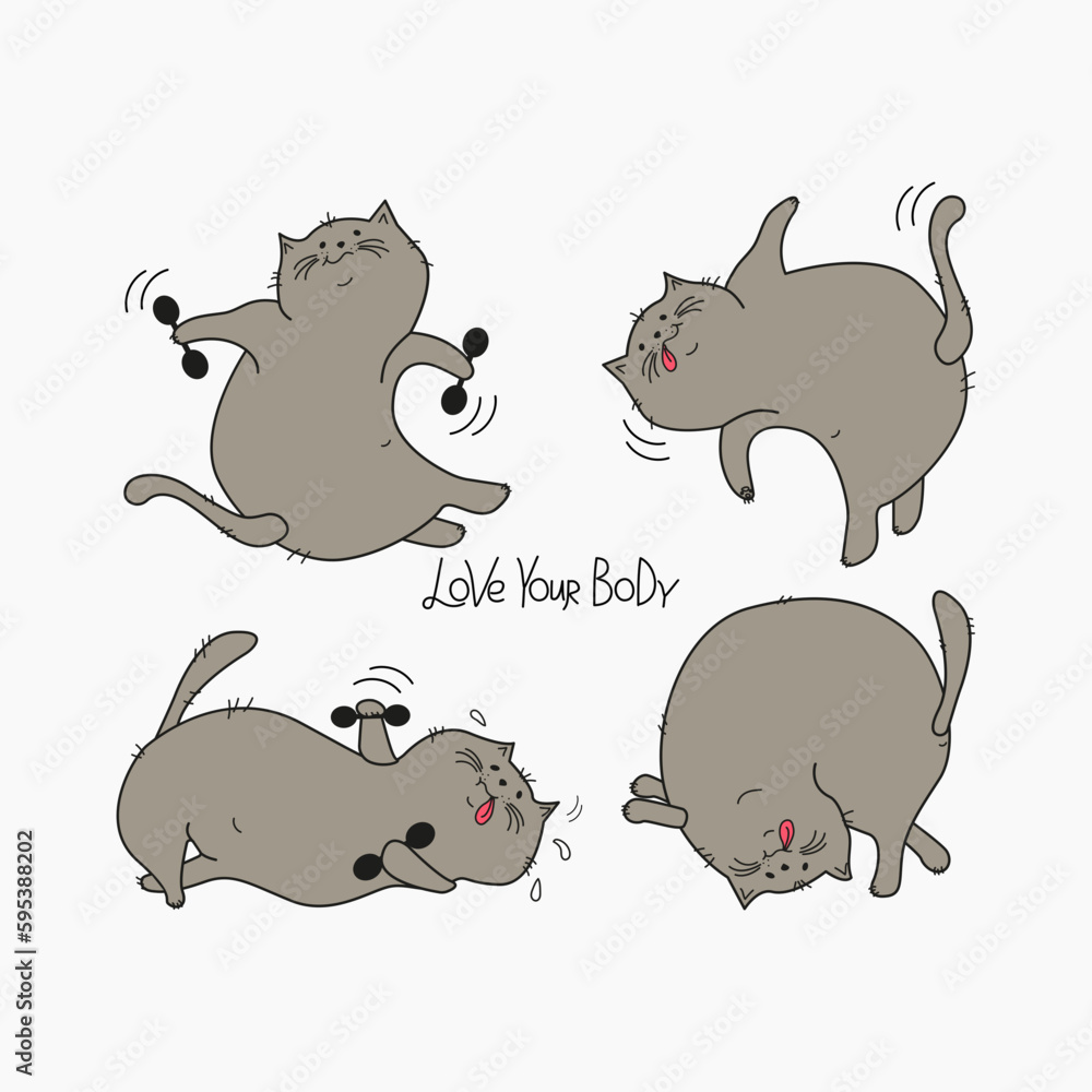 Cartoon Cats Set, lettering. Fat happy cats doing gymnastics. Cat with ...