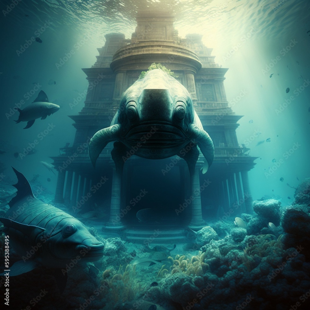 Ancient underwater city temple with prehistoric fish (ai generated ...
