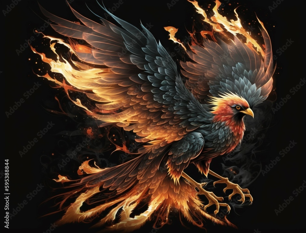 Phoenix flying with flames on a black background (ai generated Stock ...