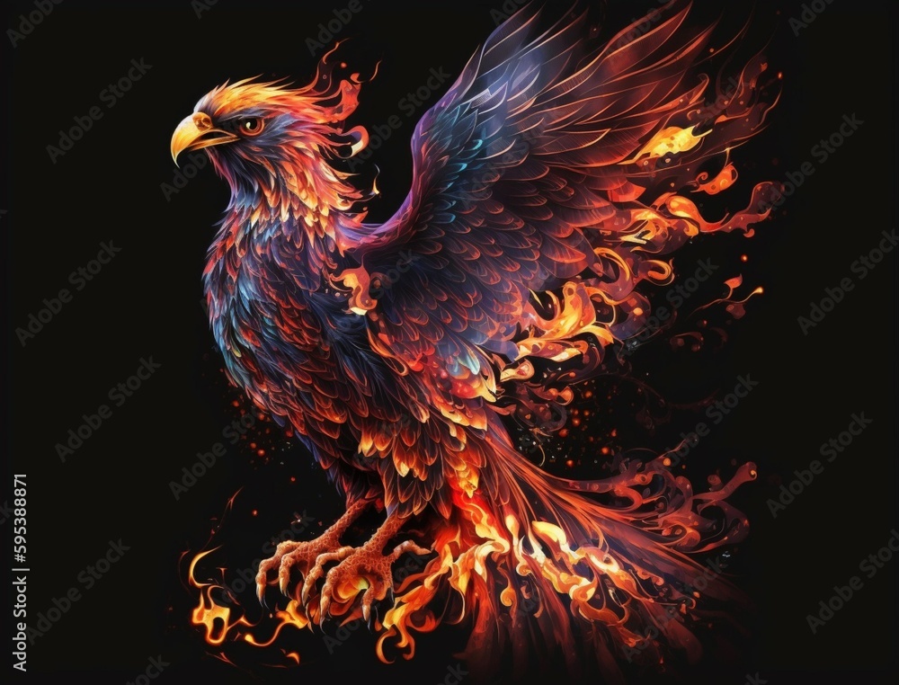 Phoenix with flames on wings with black background (ai generated) Stock ...