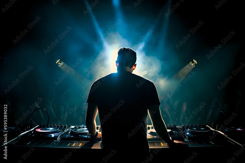 Dj in nightclub scene with lights and lasers. Shot from behind of ...