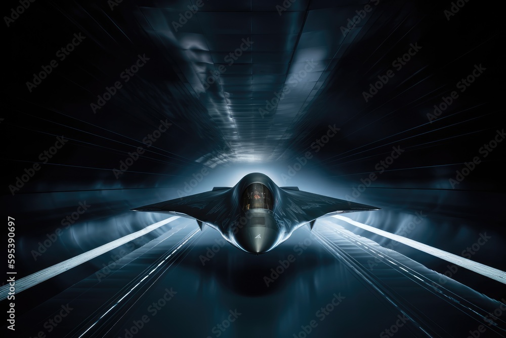Stealth fighter jet plane in wind tunnel. Sci-fi plane. Stock ...