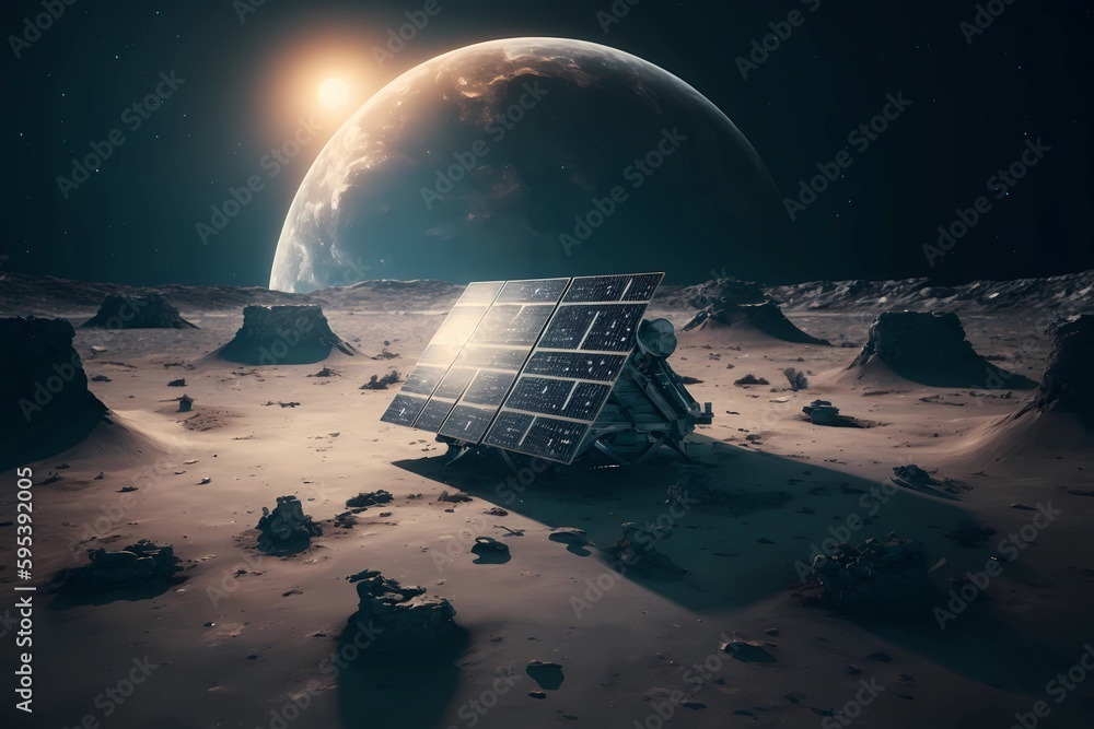 Solar panel on the moon lunar. Surreal alternative futuristic power ...