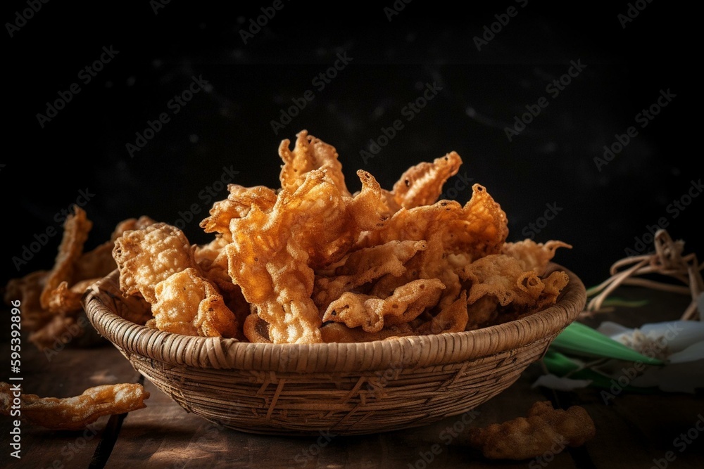 Deep-fried crispy pork skin snack from Thailand. Generative AI Stock ...