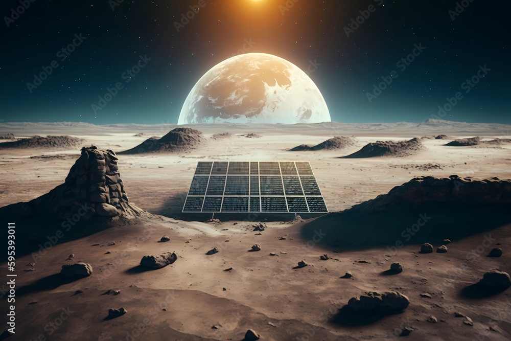 Solar panel on the moon lunar. Surreal alternative futuristic power ...