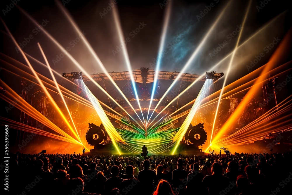 Panorama live music concert crowd and audience with beams light show ...