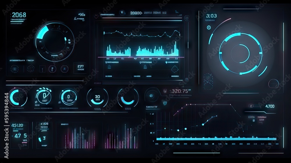 Modern blue dashboard with various graphs and indicators, sleek and ...