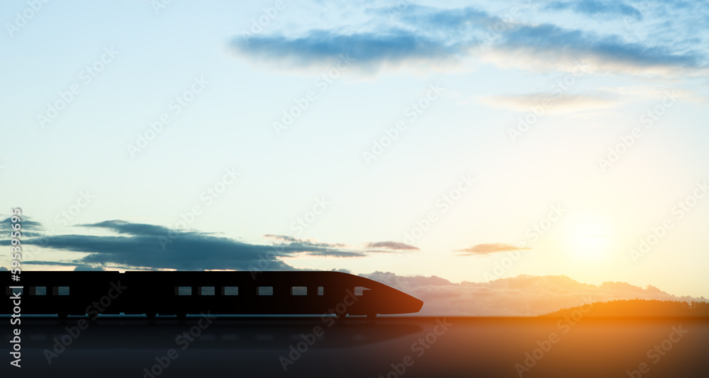 High speed train silhouette in motion at sunset. Fast moving modern ...