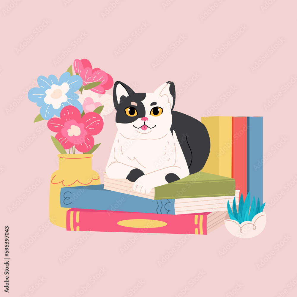 Cute cat sitting on book vector illustration isolated on pink ...