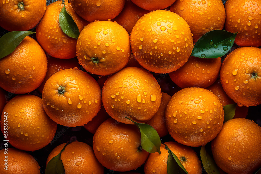 Fresh Oranges with Droplets of Water and Leafs, Top-View Close-Up ...