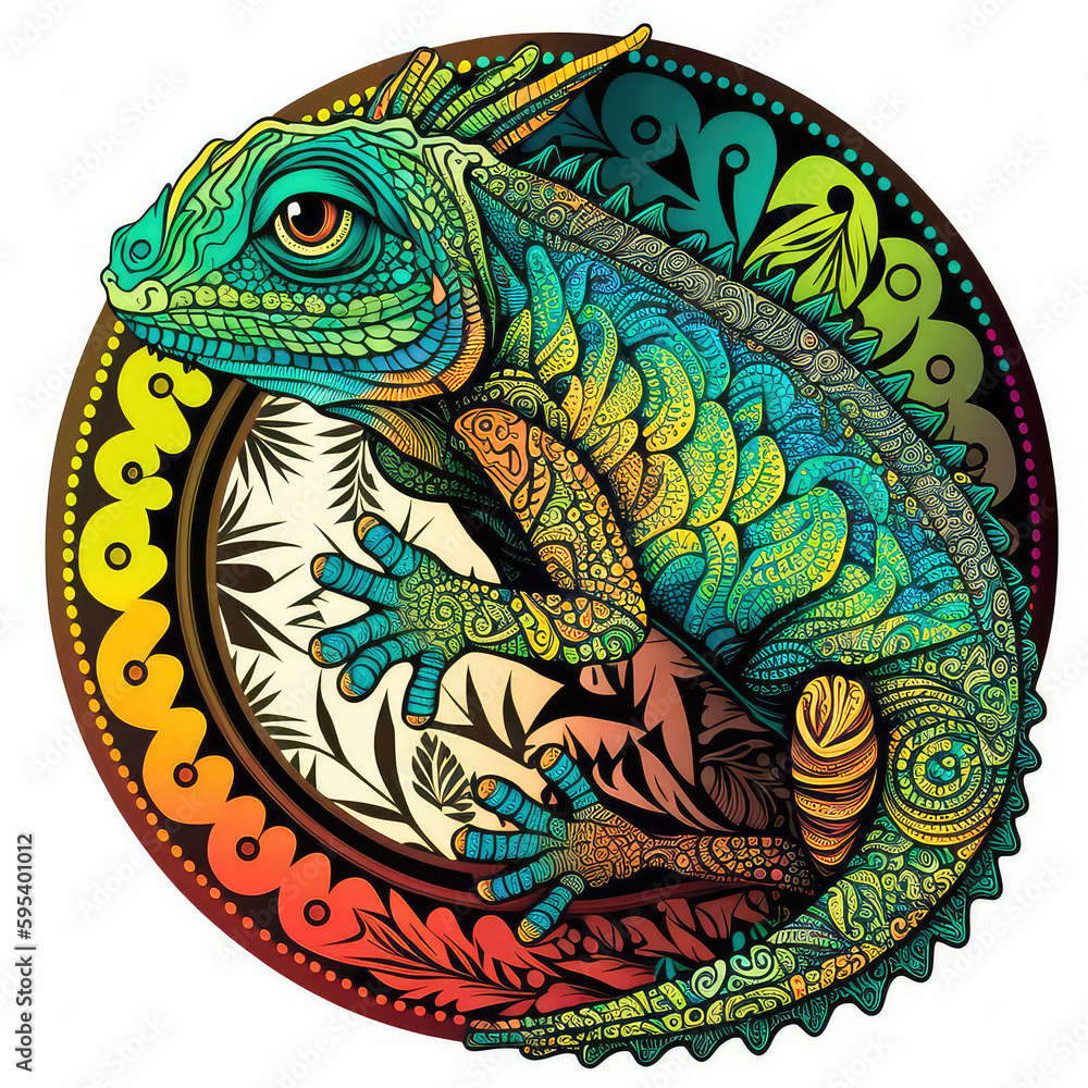 Colorful detailed lizard mandala art on a white background. Created ...