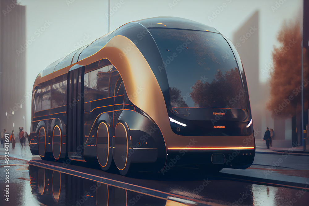 Autonomous electric shuttle bus self driving on street, Smart vehicle ...