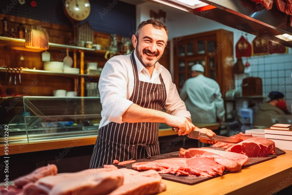 Smiling chef butcher cutting meat at counter. Fresh raw meat at the ...