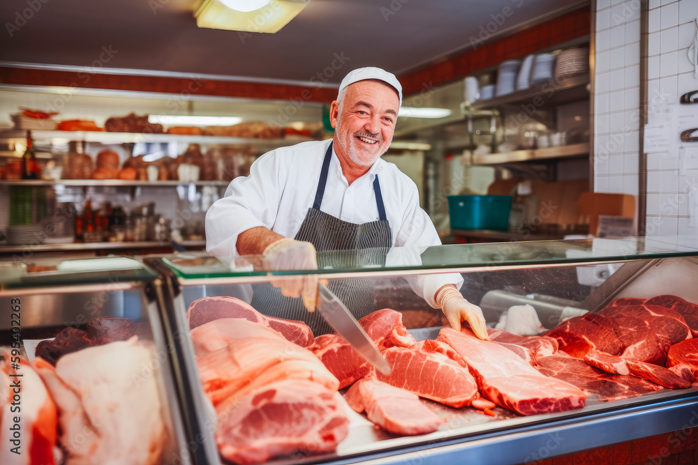Smiling chef butcher cutting meat at counter. Fresh raw meat at the ...