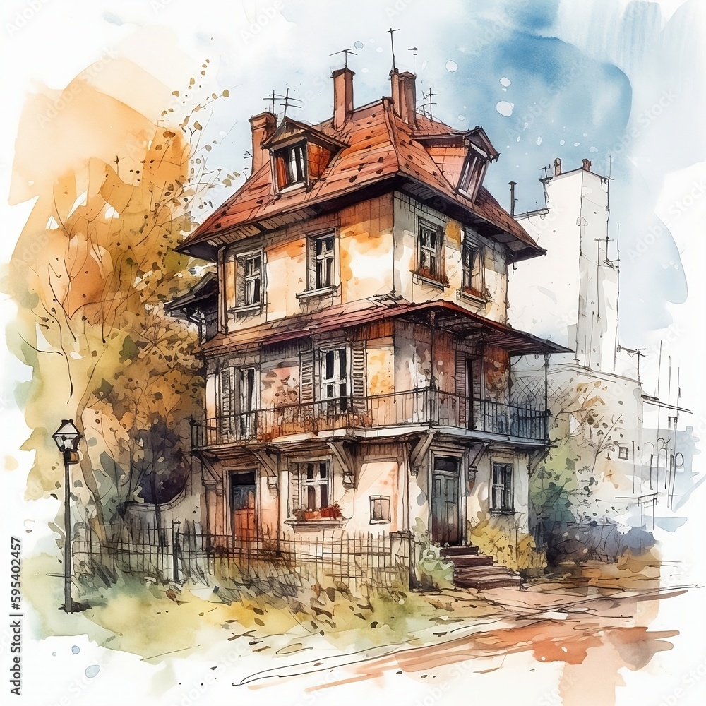 Architecture sketch of a ilaty house on white background, Watercolor ...