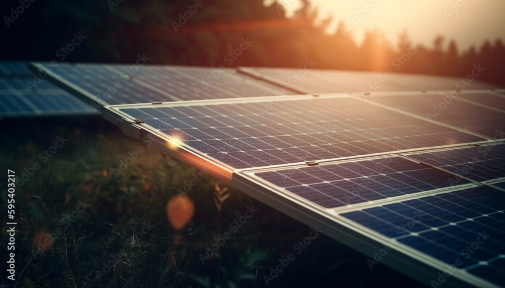 Solar panels reflect sunset sky clean, green energy generated by AI ...