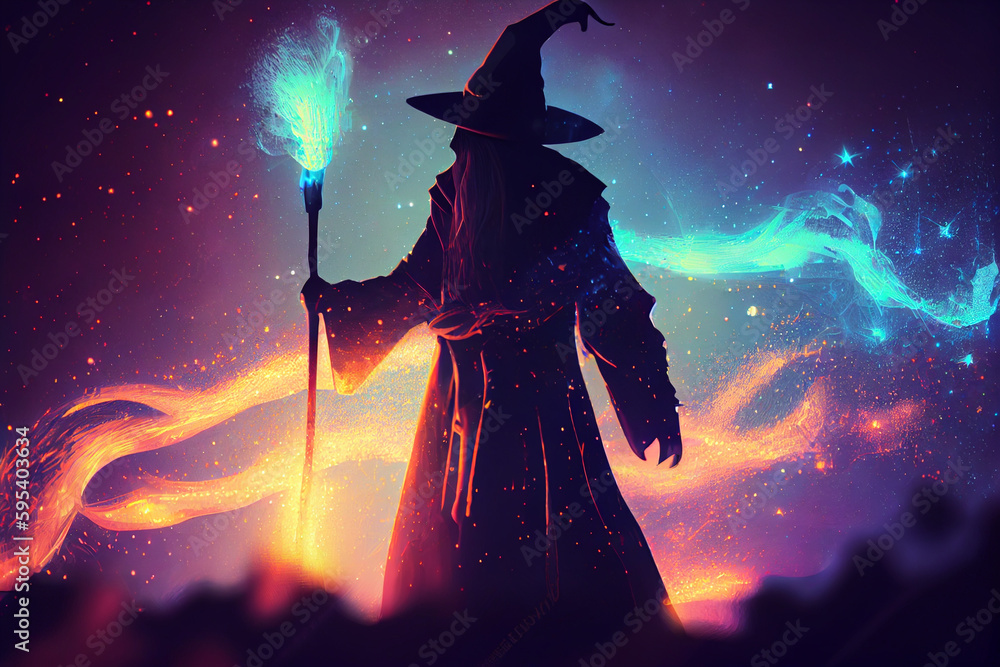 Wizard casts enchanted powerful spell in the woods. Magic wizard ...