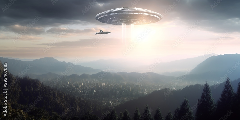 UFO. An alien saucer hovering motionless in the air. Unidentified ...