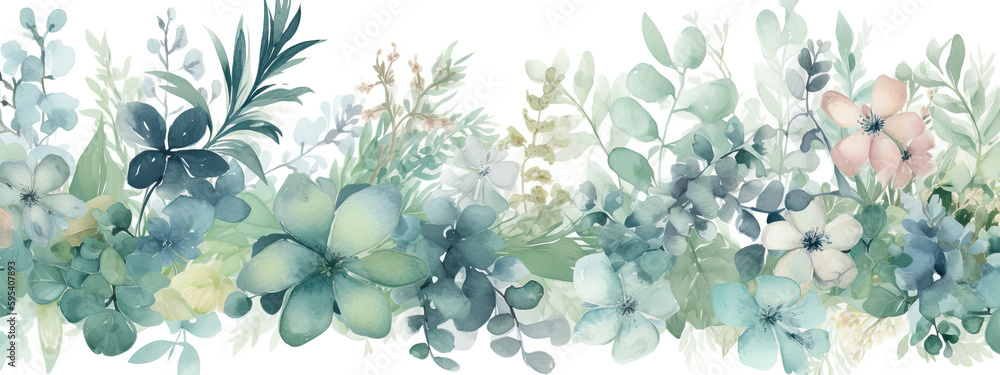 watercolor illustration of mint green flowers in wide border ...
