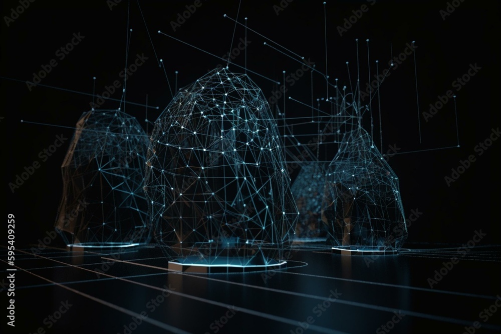 Virtual wireframe with sinusoid shape, dark background and spotlights ...