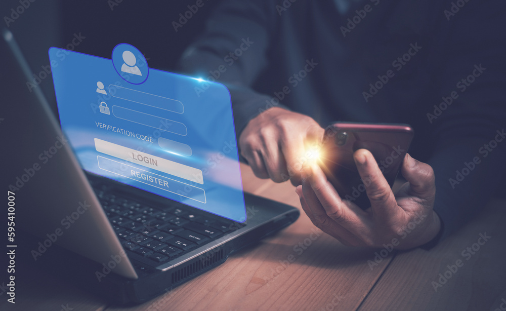 Two factor authentication or 2FA concept, Man using laptop computer for login protection and ...