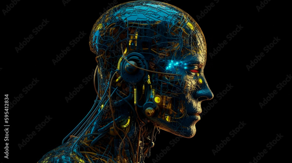 Side view of a humanoid head with blue and yellow eyes and vibrant neon ...