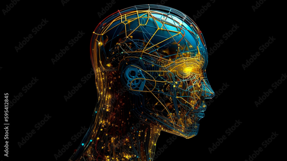 Side view of a humanoid head with blue and yellow eyes and vibrant neon ...