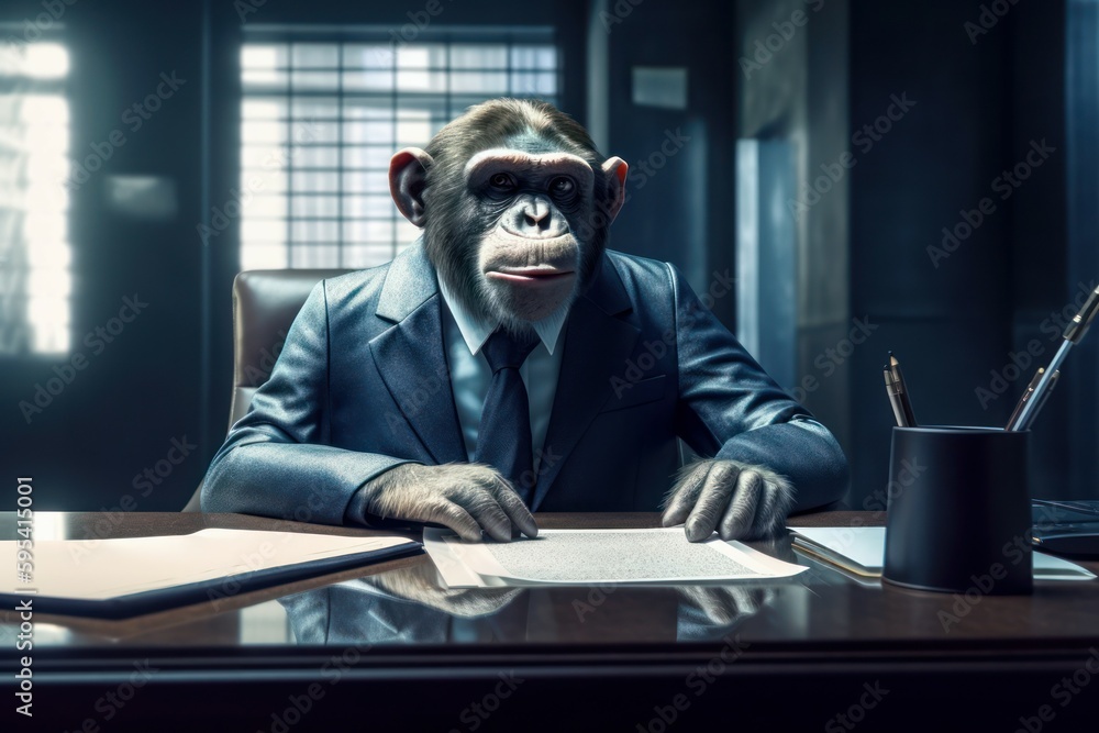 Monkey wearing suit in office. Businessman monkey sitting at office. AI ...