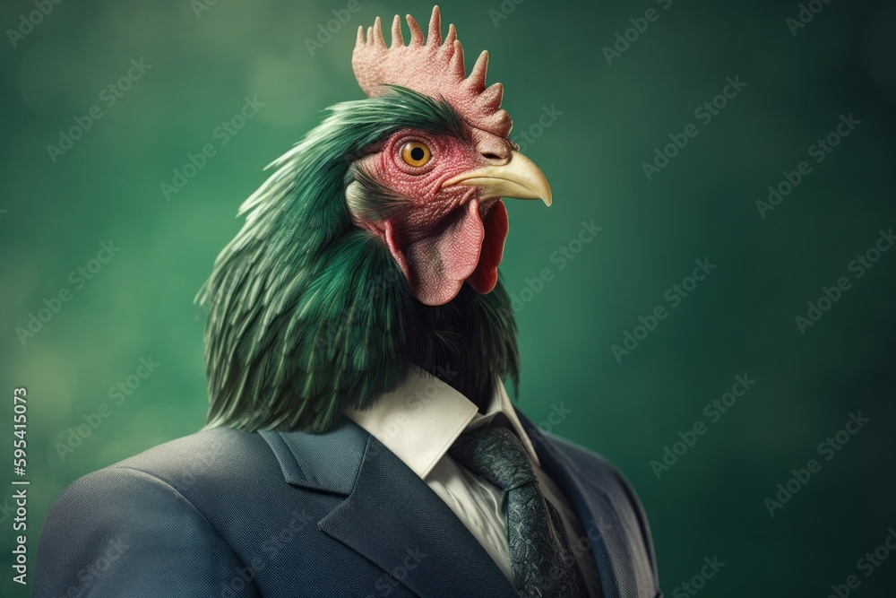 Anthropomorphic chicken dressed in a suit like a businessman. business ...