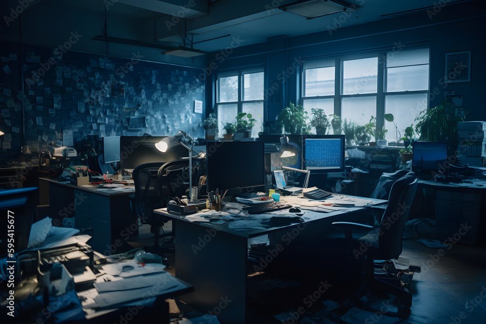 Messy abandoned office after company shut down: the desk is cluttered ...