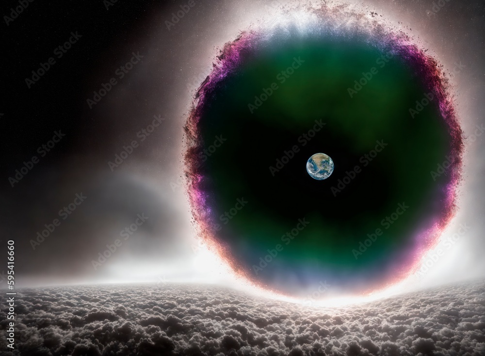 Blick auf die Erde durch ein riesiges Loch in der Atmosphäre eines ...