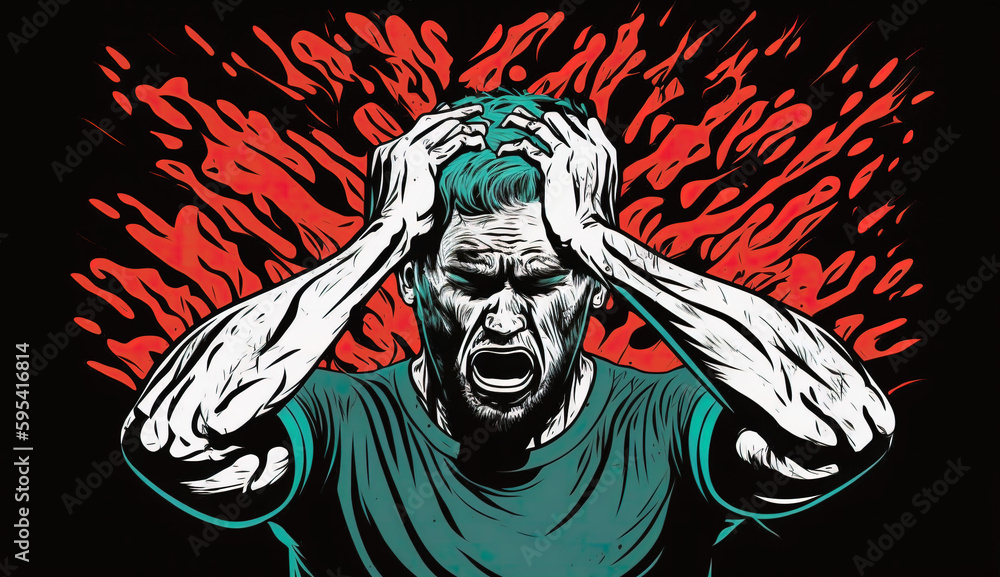 A stressed out adult holding his head, Mental health awareness concept ...
